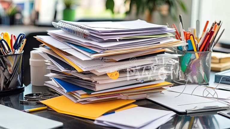 A Clean Office Desk with a Stack of Organized Documents and Supplies ...