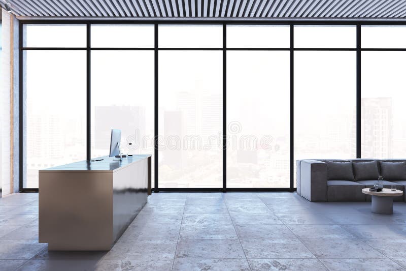 Clean Reception Desk in Office Interior with Decorative Plant and ...