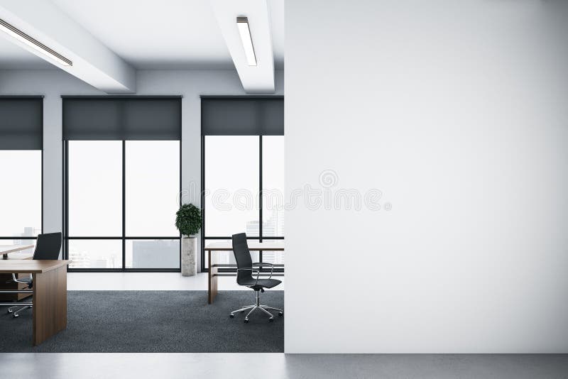 Clean Office Room with Computers, Blank White Wall Stock Illustration ...
