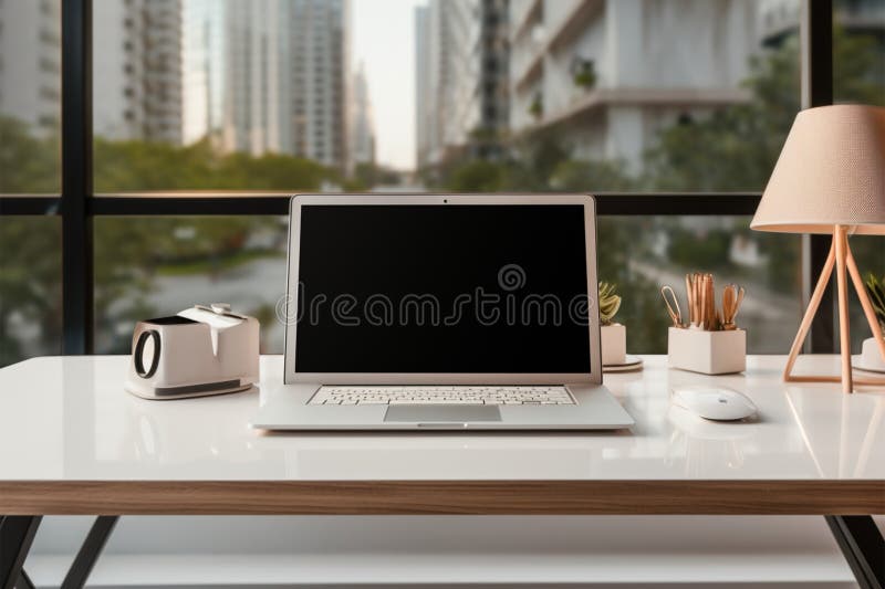 Clean Office Setup with a Laptop Mockup on the Desk Stock Illustration ...