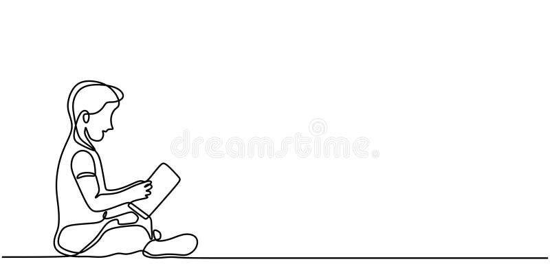Clean One Line Drawing of a Child Reading a Book, Depicting Learning ...