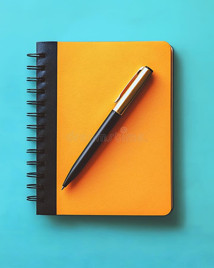Clean Orange Notebook with Black Pen Placed Diagonally on Blue ...