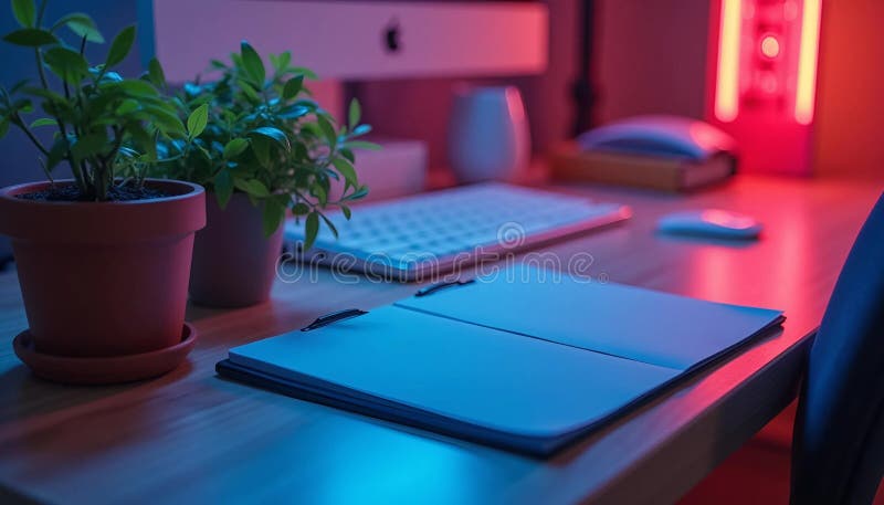 A Clean, Organized Desk with a Closed Document Folder beside a Potted ...