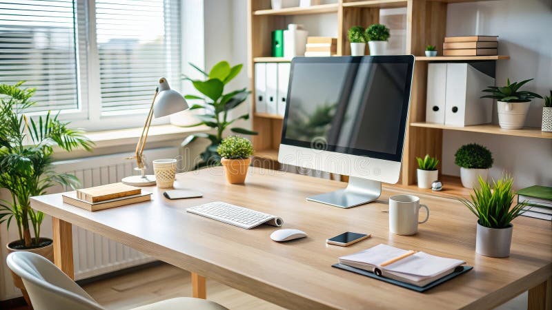 A Clean Organized Desk with a Computer and Documents Stock Image ...