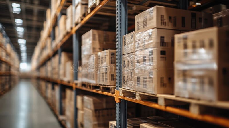 Clean and Organized Distribution Center Aisles with Neatly Stacked ...