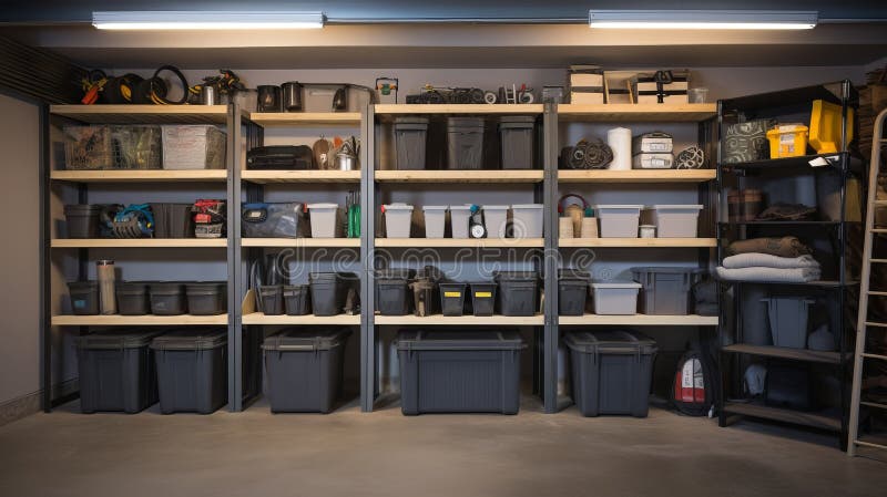 A Clean and Organized Garage Storage Area with Labeled Bins Stock ...