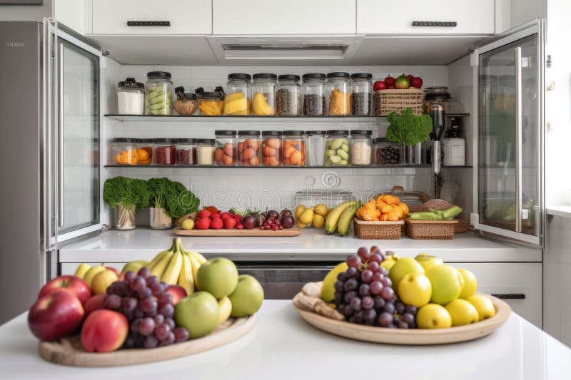 Clean and Organized Kitchen with Fresh Fruits and Vegetables in the ...