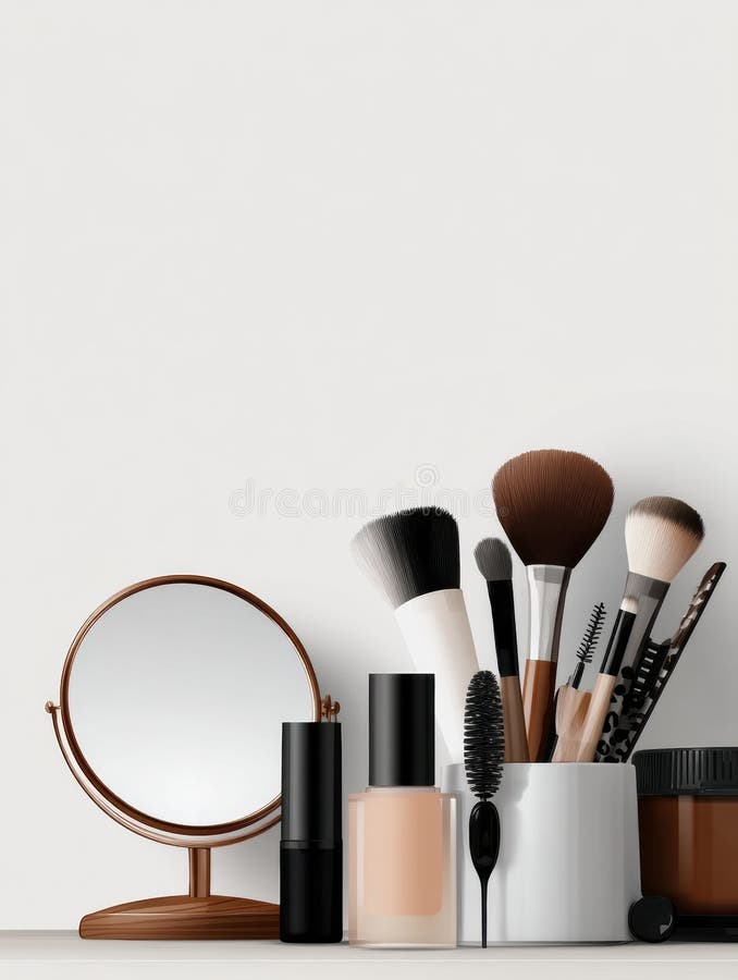 Clean and Organized Makeup Setup Featuring Brushes and a Mirror on a ...