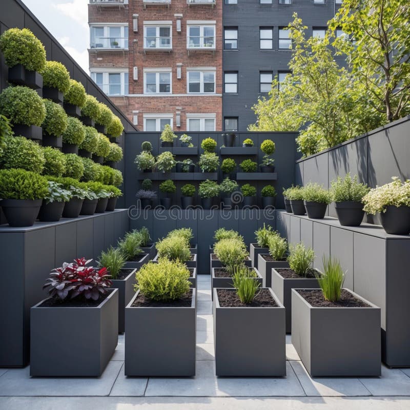Simple Modular Urban Garden Design with Neatly Arranged Pots and ...