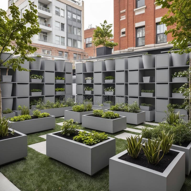 Simple Modular Urban Garden Design with Neatly Arranged Pots and ...