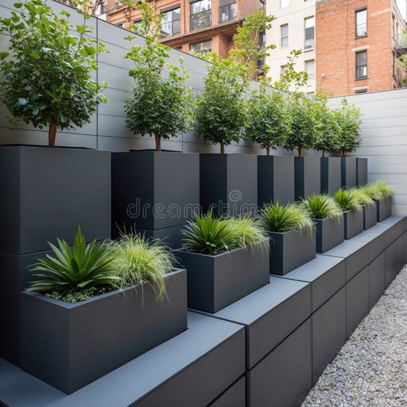 Simple Modular Urban Garden Design with Neatly Arranged Pots and ...