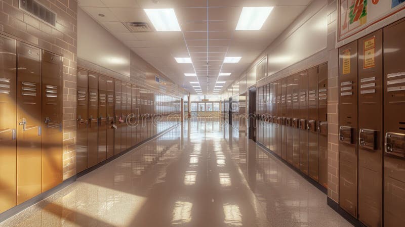 A Clean and Organized School Hallway with Rows of Lockers Stock ...