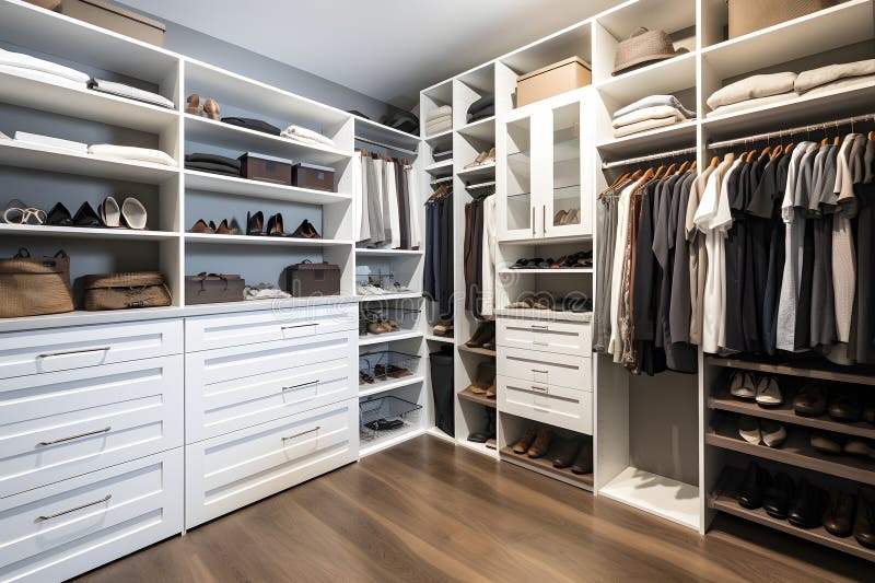 Clean and Organized Walk-in Closet with Custom Shelving, Hanging Racks ...