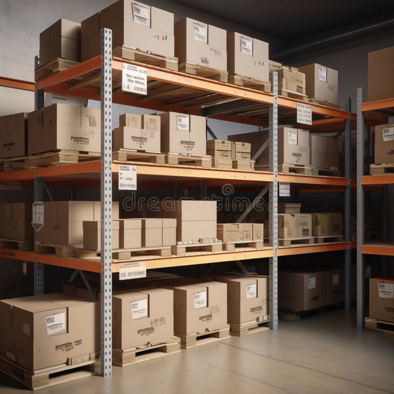 Clean and Organized Warehouse Shelf with Labeled Boxes Stock ...