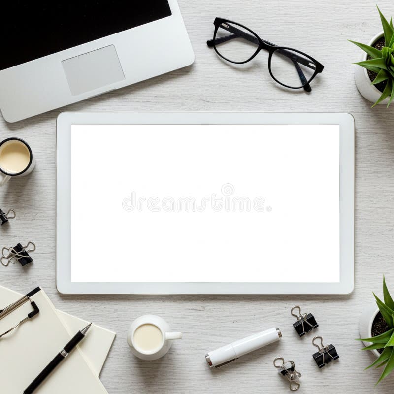 A Clean, Organized Workspace Features a Tablet with a Blank Screen at ...