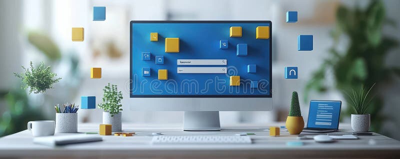 Modern Workspace with Computer and Floating Digital Elements Stock ...