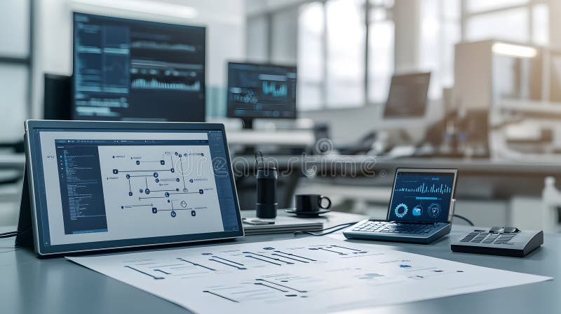 A Clean and Organized Workspace Featuring Flow Diagrams and Data ...