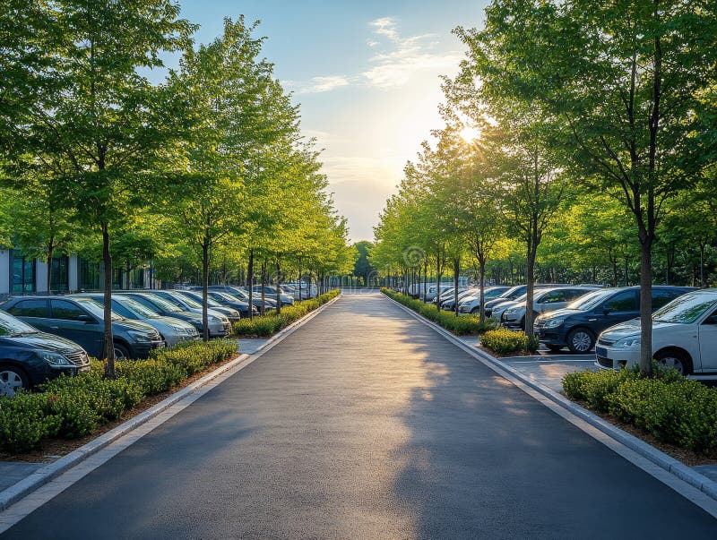 Clean Outdoor Car Park with Well Maintained Pavements and Trees Stock ...