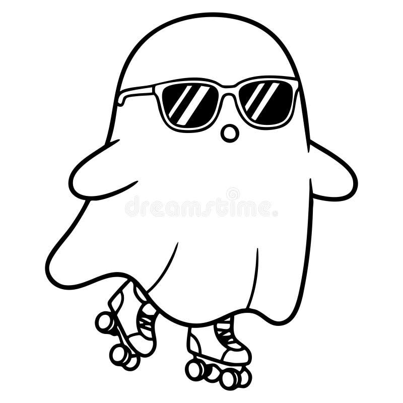 Clean Outline Drawing of a Cute Ghost Wearing Sunglasses and Roller ...
