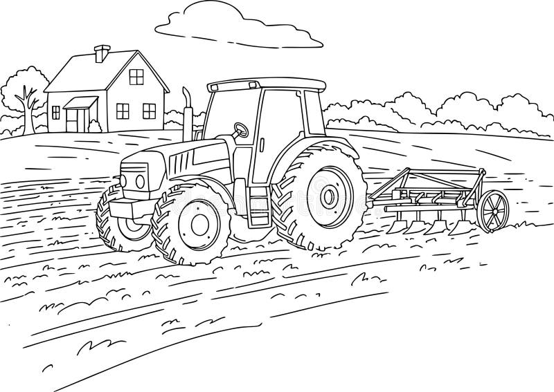 Clean Outline Drawing of a Tractor Plowing a Field with a Farmhouse in ...