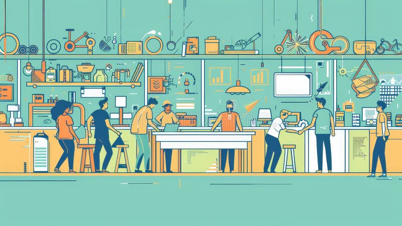 A Clean Outline Illustration of a Workshop with People Working and ...