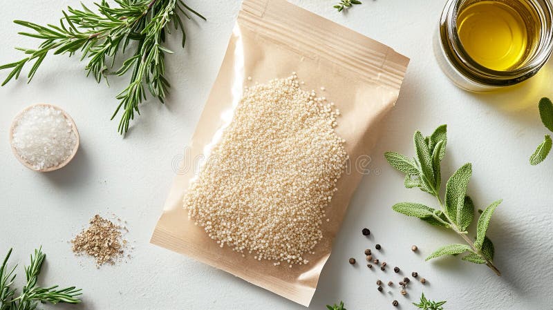 A Clean Package of Couscous Styled with Fresh Herbs and a Light Stock ...