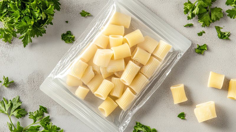 A Clean Package of Dry Rigatoni Pasta Styled with Fresh Parsley on a ...