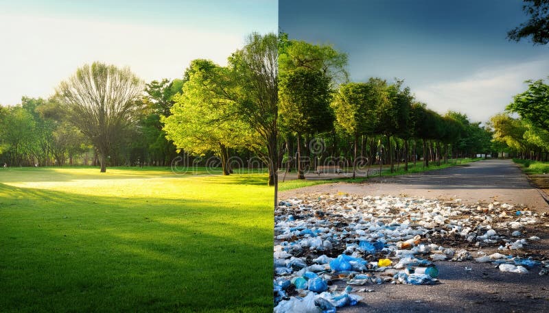 Clean Park Vs. Littered Path Highlights Stock Image - Image of trees ...