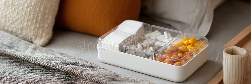Organized Pill Organizer on Bedside Table with Neatly Arranged ...