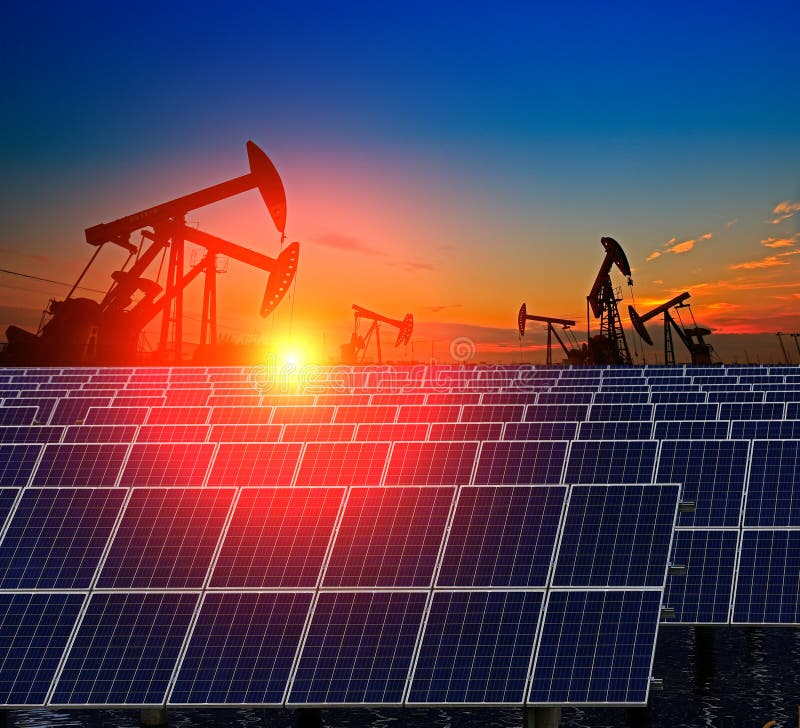 Clean Power Energy Concept,Oil Pump with Solar Panels and the Sunset ...