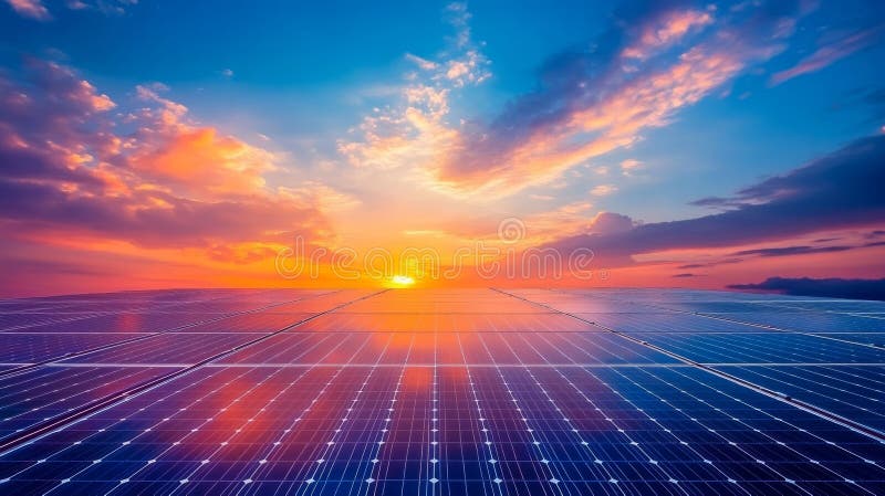 Clean Power Energy Concept. Solar Panels with Sunset and Blue Sky ...