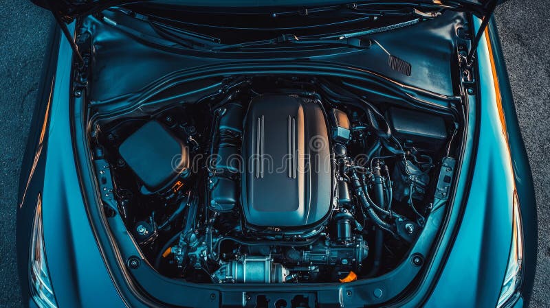 Clean and Powerful Car Engine is Shown with the Hood Open Stock ...