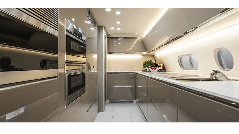 A Clean Private Jet Kitchen with Modern Appliances and Subtle Lighting ...