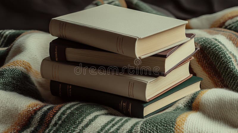 A Clean Reading Setup with a Stack of Books Styled on a Soft Blanket ...