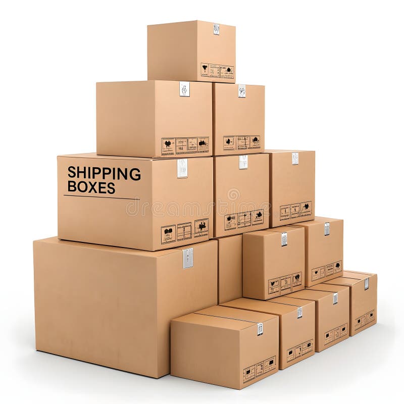 Stack of Cardboard Shipping Boxes with Labels – Isolated on White Stock ...