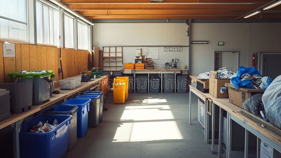 A Clean Recycling Workshop Setup with Organized Bins and Tools for ...