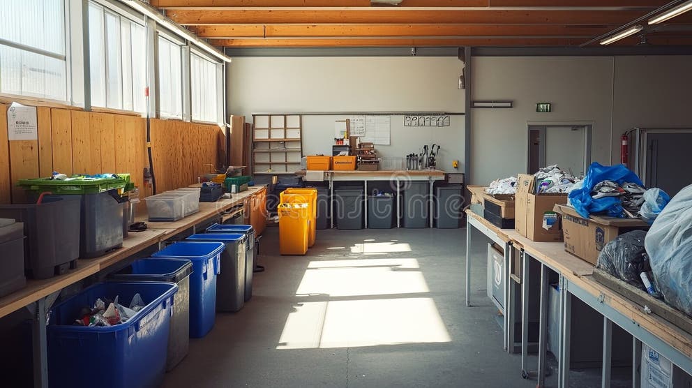 A Clean Recycling Workshop Setup with Organized Bins and Tools for ...