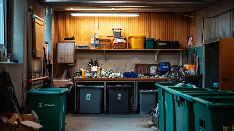 A Clean Recycling Workshop Setup with Organized Bins and Tools for ...