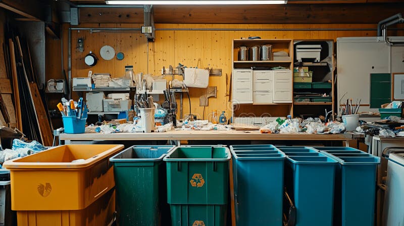 A Clean Recycling Workshop Setup with Organized Bins and Tools for ...