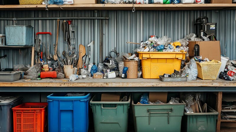 A Clean Recycling Workshop Setup with Organized Bins and Tools for ...