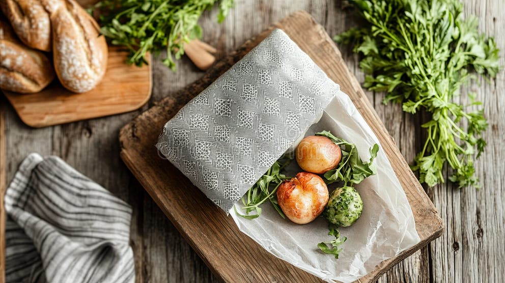 A Clean Reusable Food Wrap Styled with Elegant Patterns on a Rustic ...