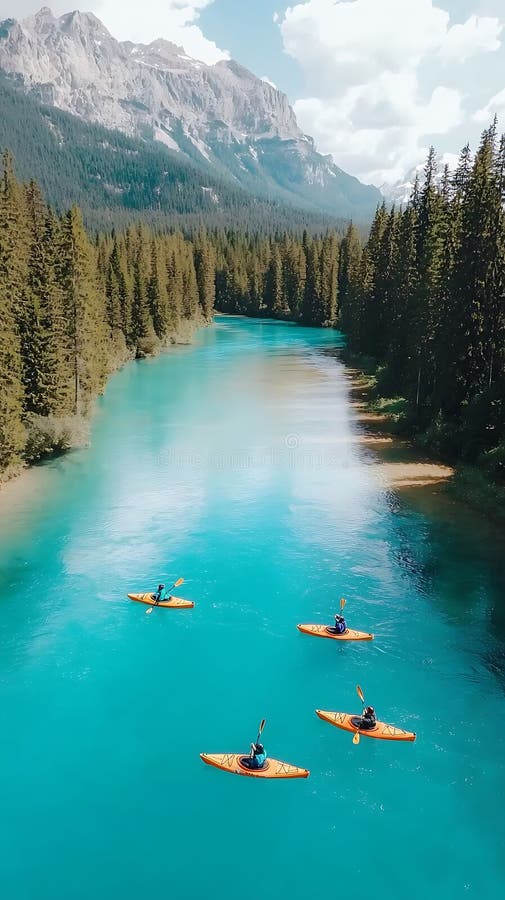 Sparkling River with Kayakers Paddling in Eco-friendly Gear. Stock ...