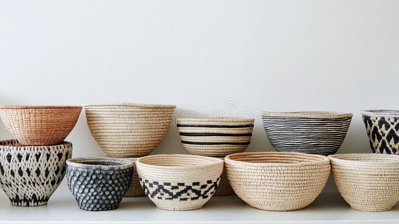 A Clean Row of Handwoven Baskets Styled with Subtle Geometric Patterns ...