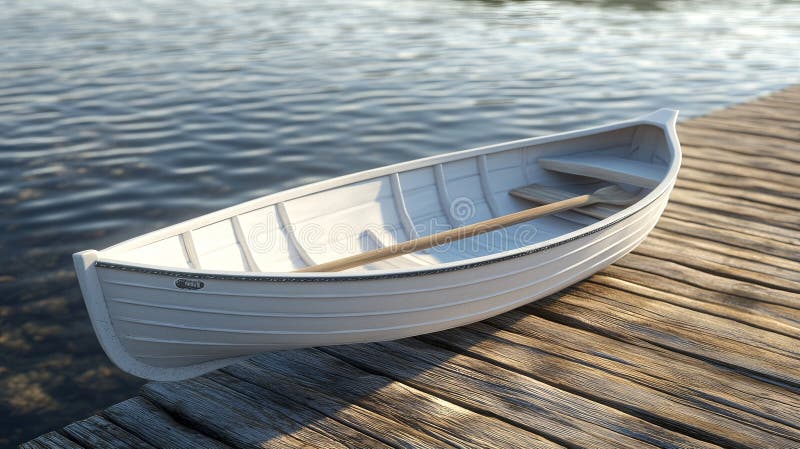 A Clean Rowboat Styled with a Single Oar Resting on a Wooden Dock Stock ...