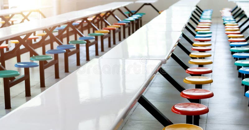 Clean School Cafeteria with Tables and Colorful Seats Stock Photo ...