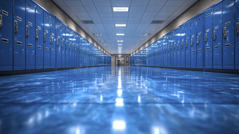 Clean School Hallway with Reflections of Blue Lockers Stock ...