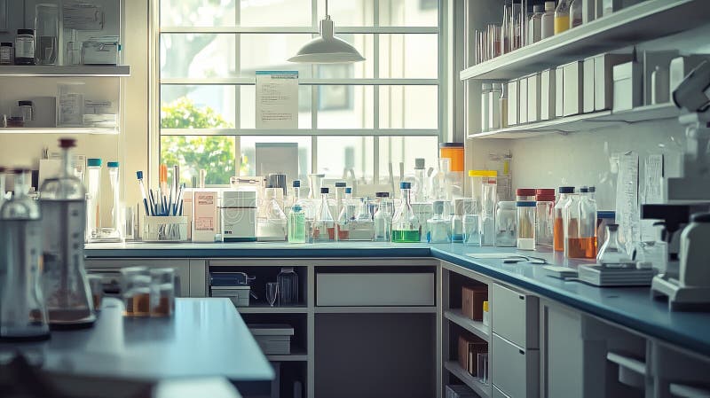 A Clean Science Workshop with Neatly Arranged Lab Kits and Reference ...