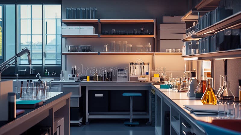 A Clean Science Workshop with Neatly Arranged Lab Kits and Reference ...