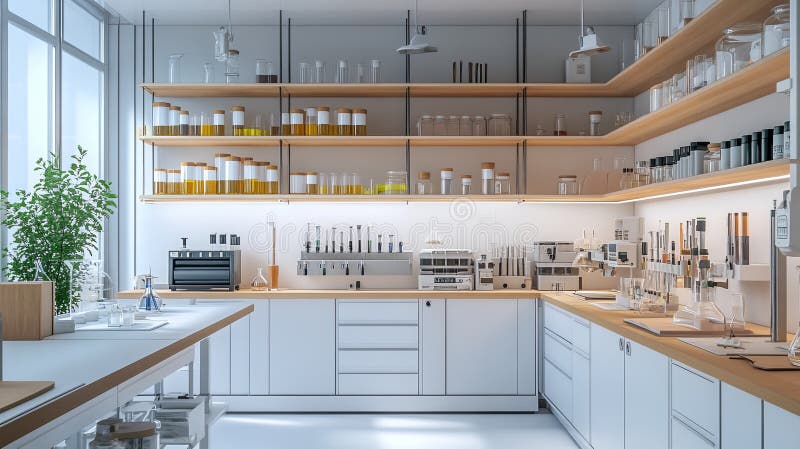 A Clean Science Workshop with Neatly Arranged Lab Kits and Reference ...