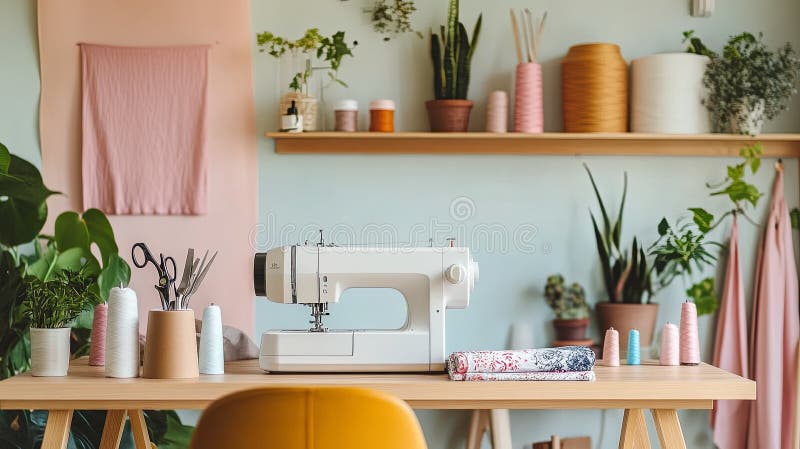 A Clean Sewing Station with Fabric, Scissors, and a Neatly Arranged ...